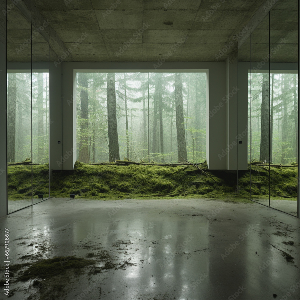 a gallery room, white concreat walls and floor, straitght perpendicular ...