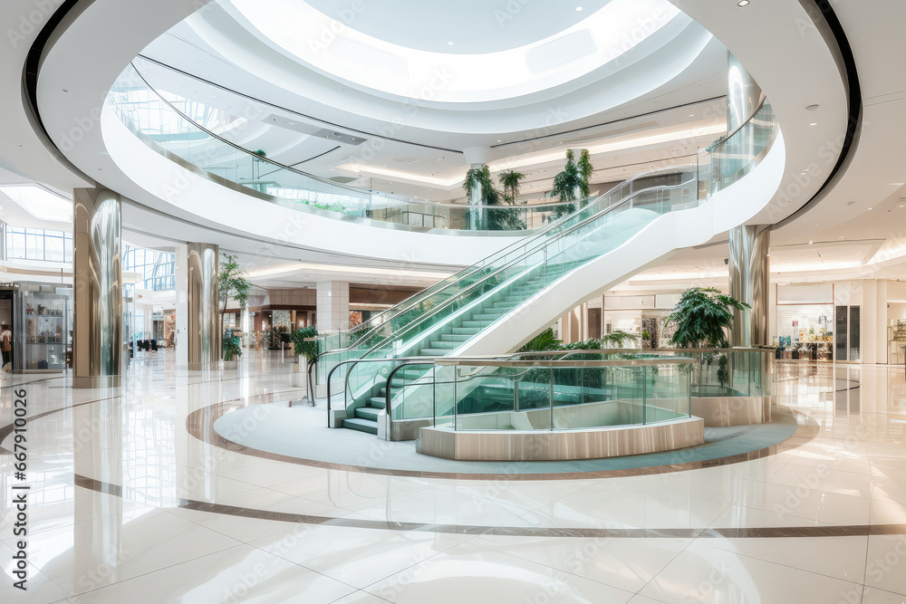 Clean and bright shopping mall interior design, elevators and stairs ...