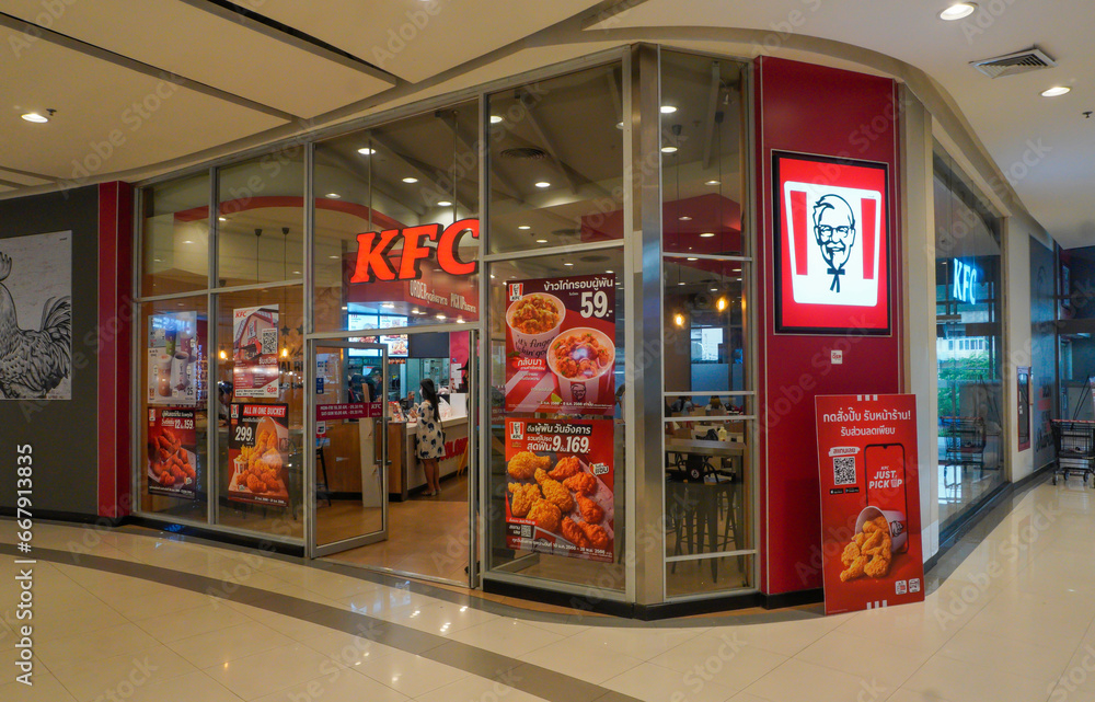 Bangkok, Thailand, October 26, 2023. KFC stores and the KFC logo are available worldwide. KFC's ...