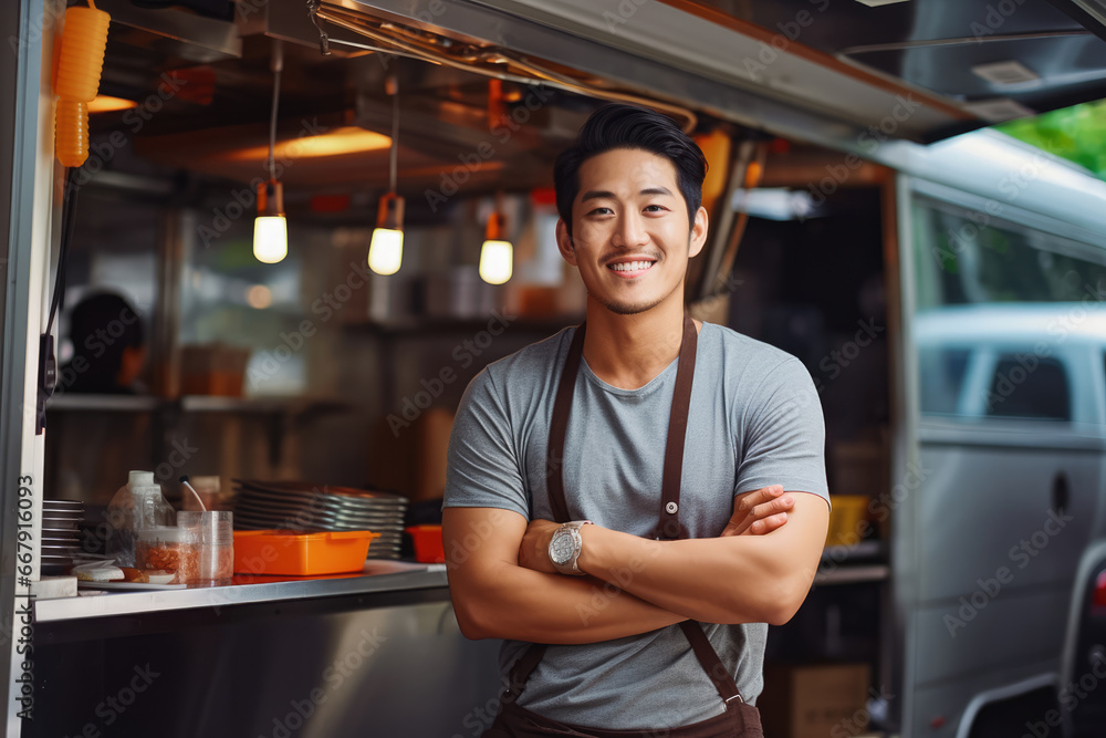 Young Asian male food truck owner standing in food truck, young ...