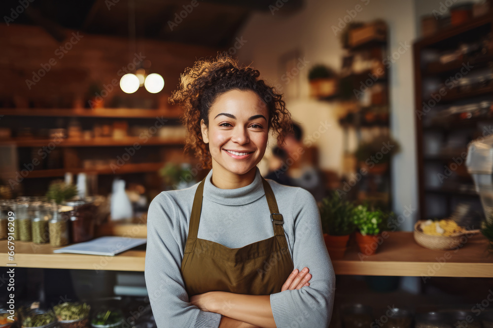 Beautiful young caucasian female coffee shop owner standing behind ...