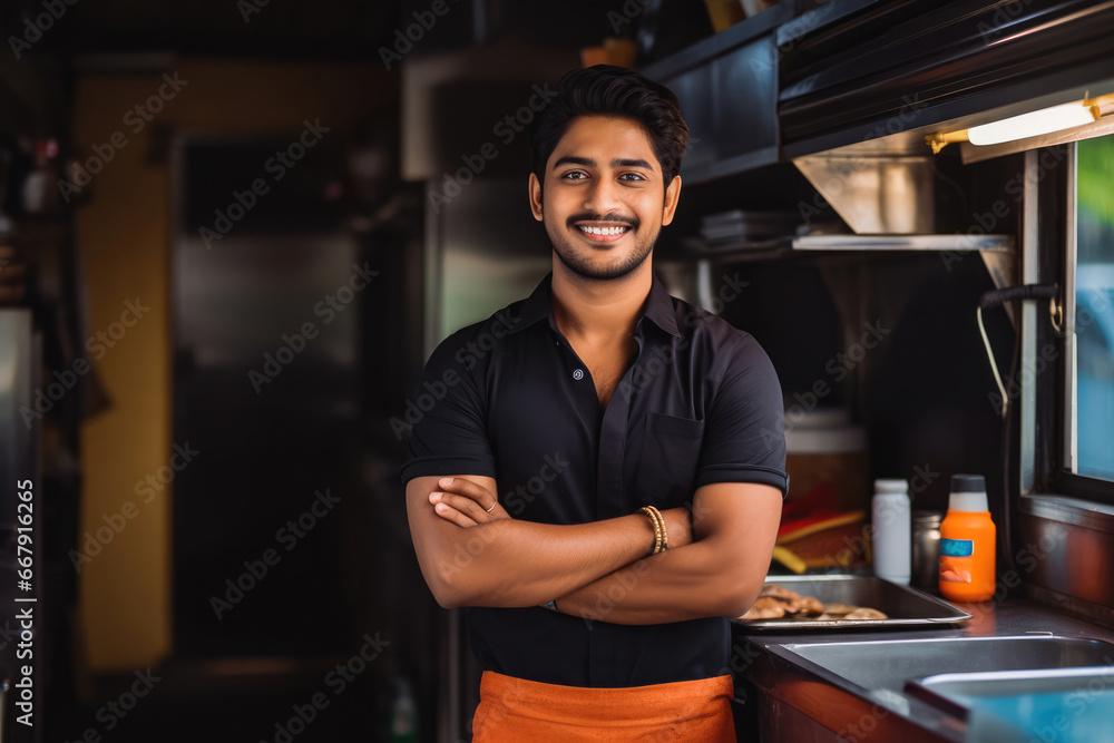 Handsome young indian male food truck owner standing behind counter and ...
