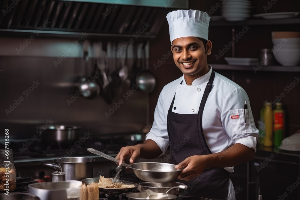 Handsome young indian male personal chef focusing on his job, wearing a ...