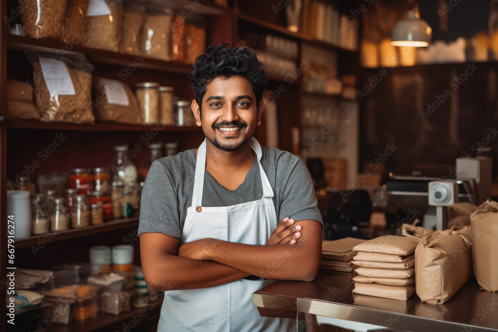 Handsome young indian male coffee shop owner standing behind counter ...