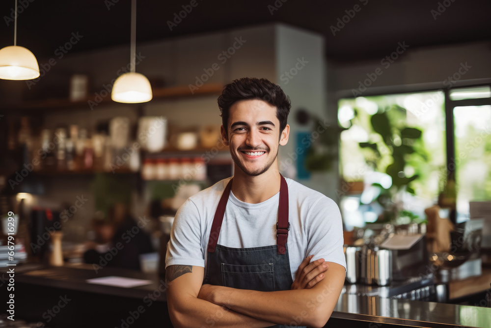 Handsome young caucasian male coffee shop owner standing behind counter ...