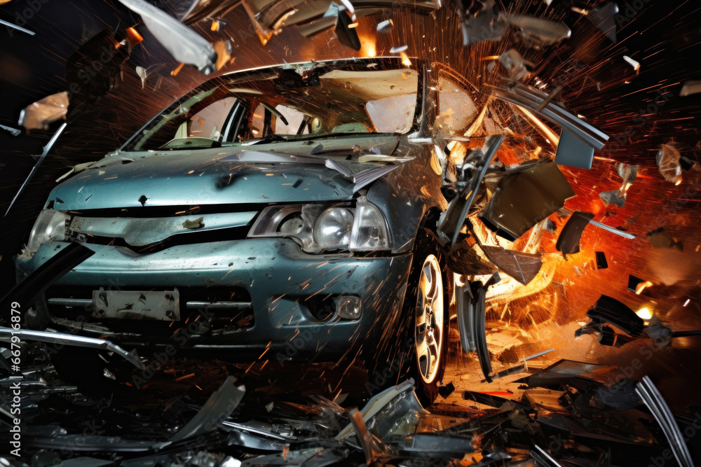 Explosive Impact: A vehicle erupts in chaos, its fragments airborne. A ...