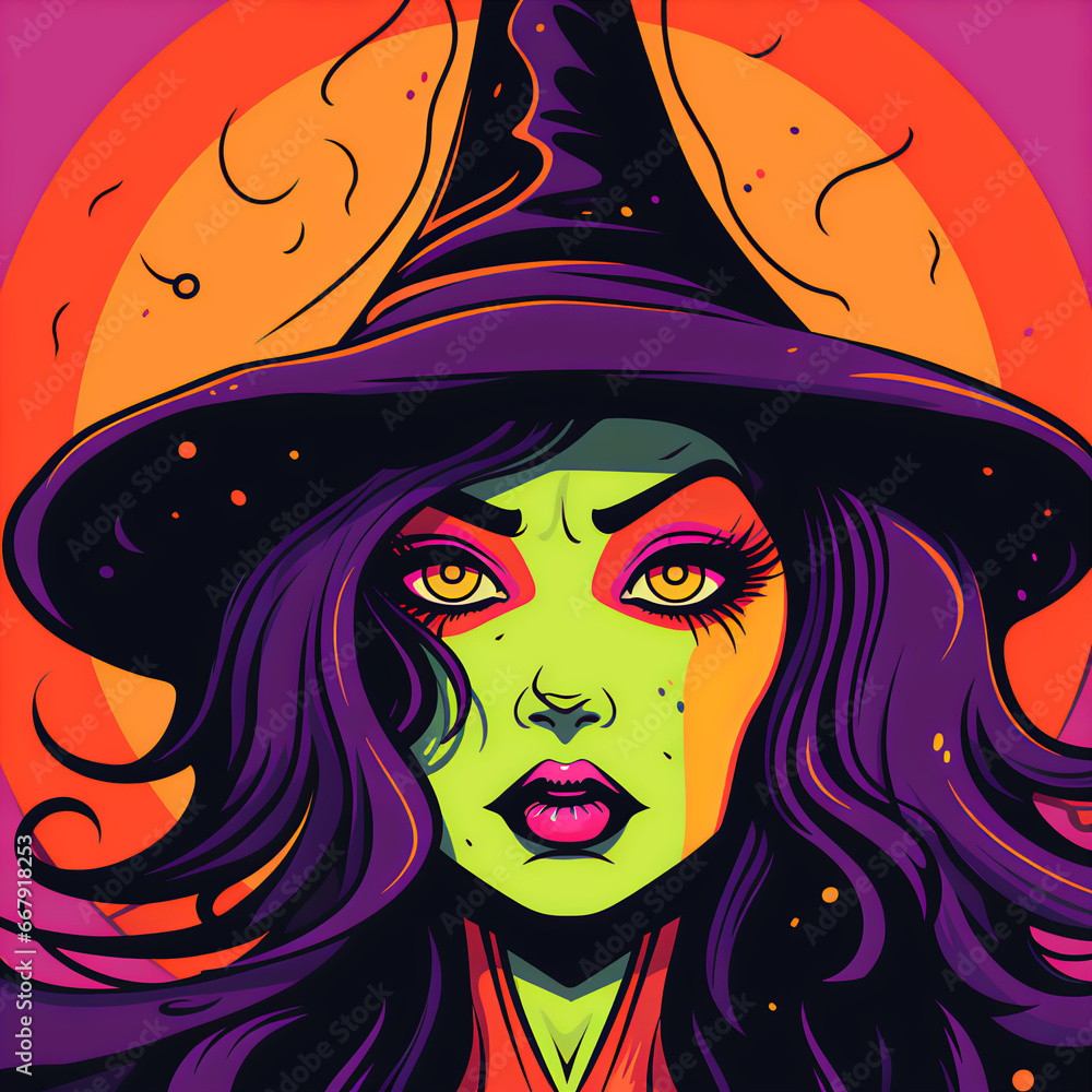 80s Inspired Vibrant Pop Cartoon Avatar of a Witch with Expressive Eyes ...