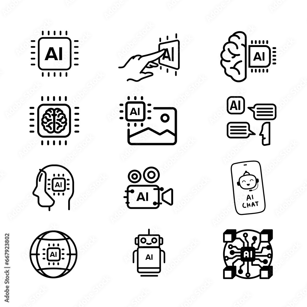 Artificial Intelligence Vector Line Icons Set. Face Recognition, Android, Humanoid Robot ...