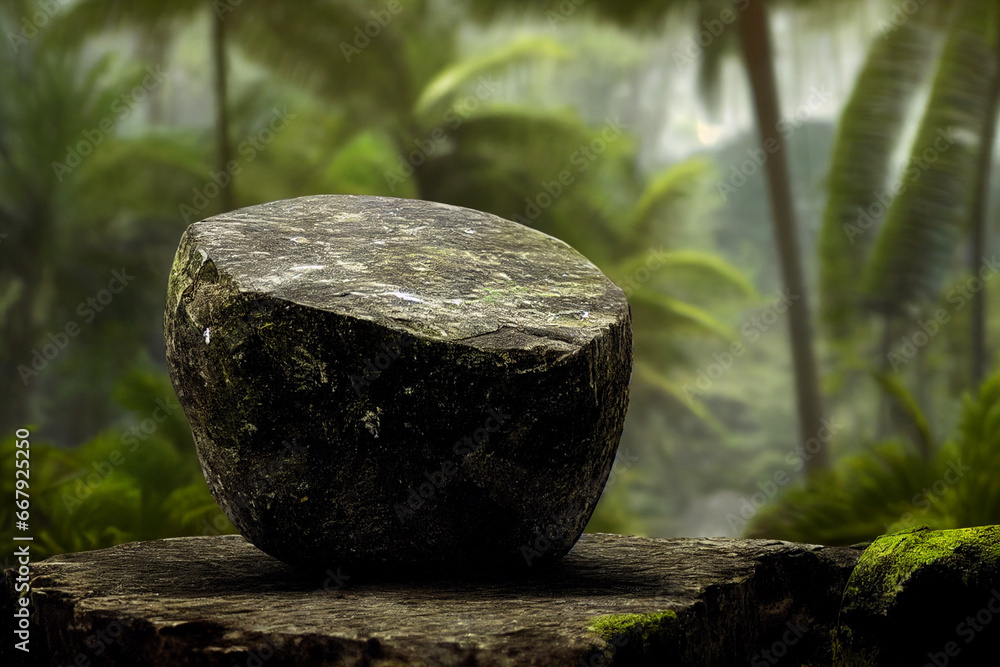 Big stone podium in the jungle forest 3d illustration, empty platform ...