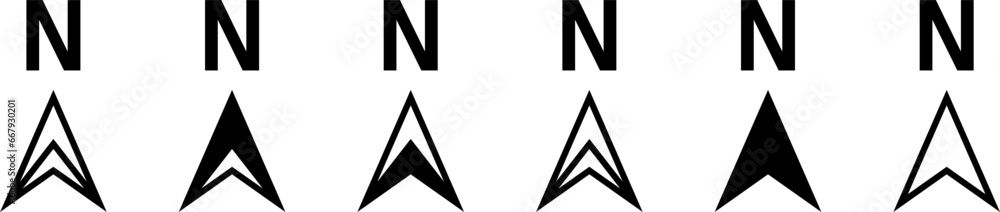 Basic Black and White North Arrow Sign Symbol Icon Set for Map ...