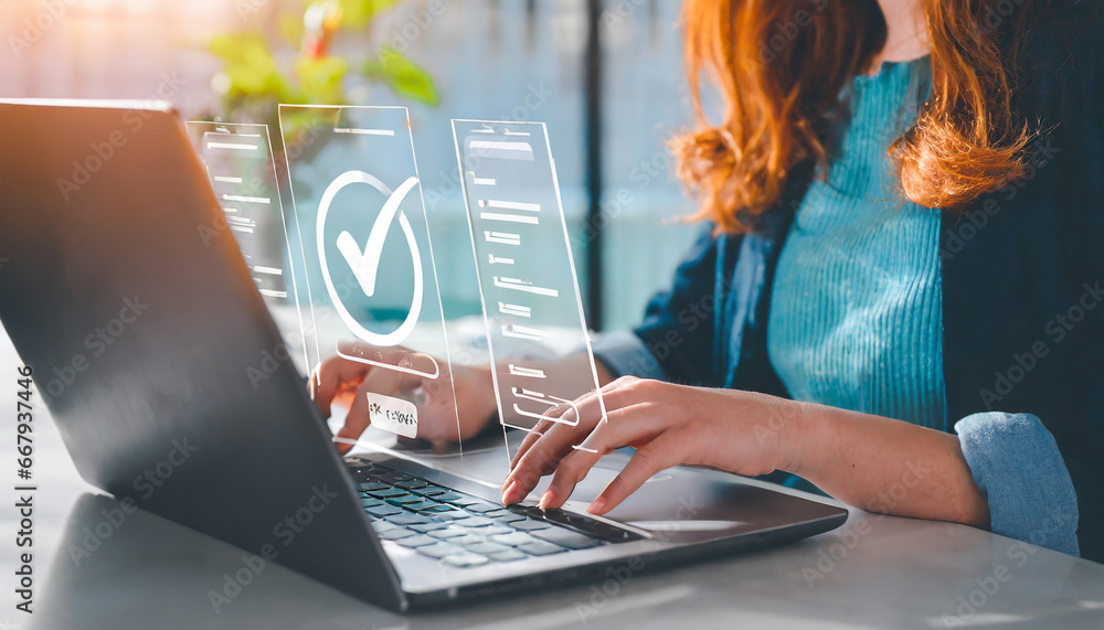 hands using laptop computer with virtual screen contact questionnaire ...