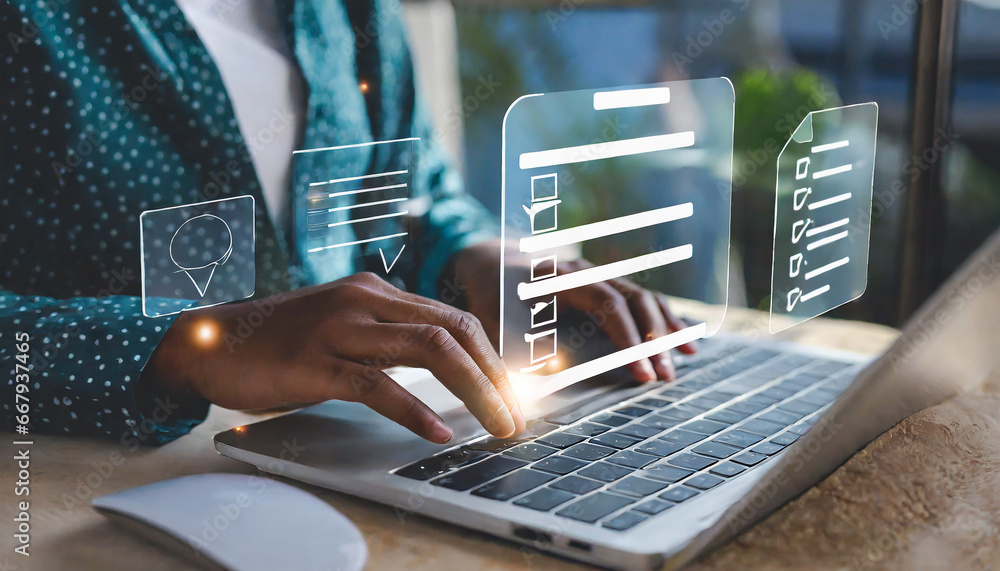 hands using laptop computer with virtual screen contact questionnaire ...