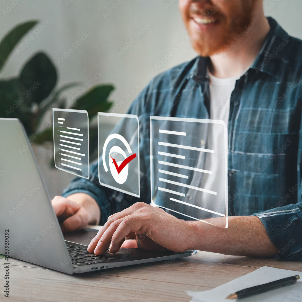 Man using a laptop and touching on virtual screen contact questionnaire ...