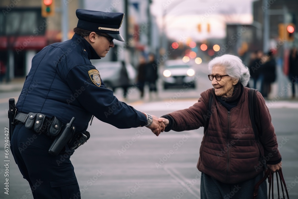 Police officer assisting elderly woman cross the street. Stock Photo ...