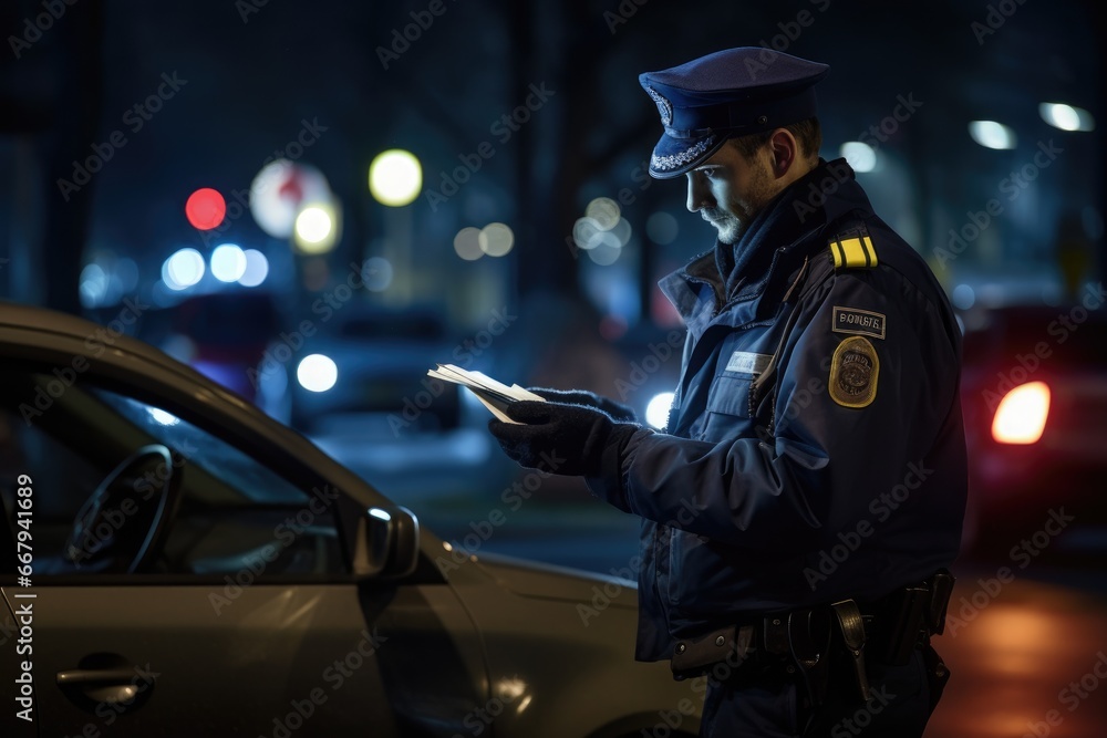 Traffic cop checking a driver's license during a checkpoint. Stock ...
