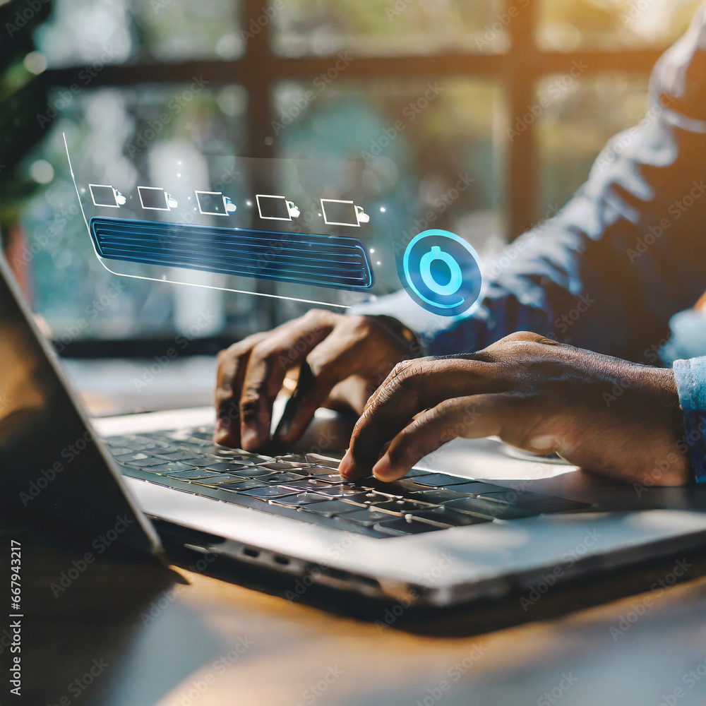 using a laptop computer for download and update software and waiting to ...