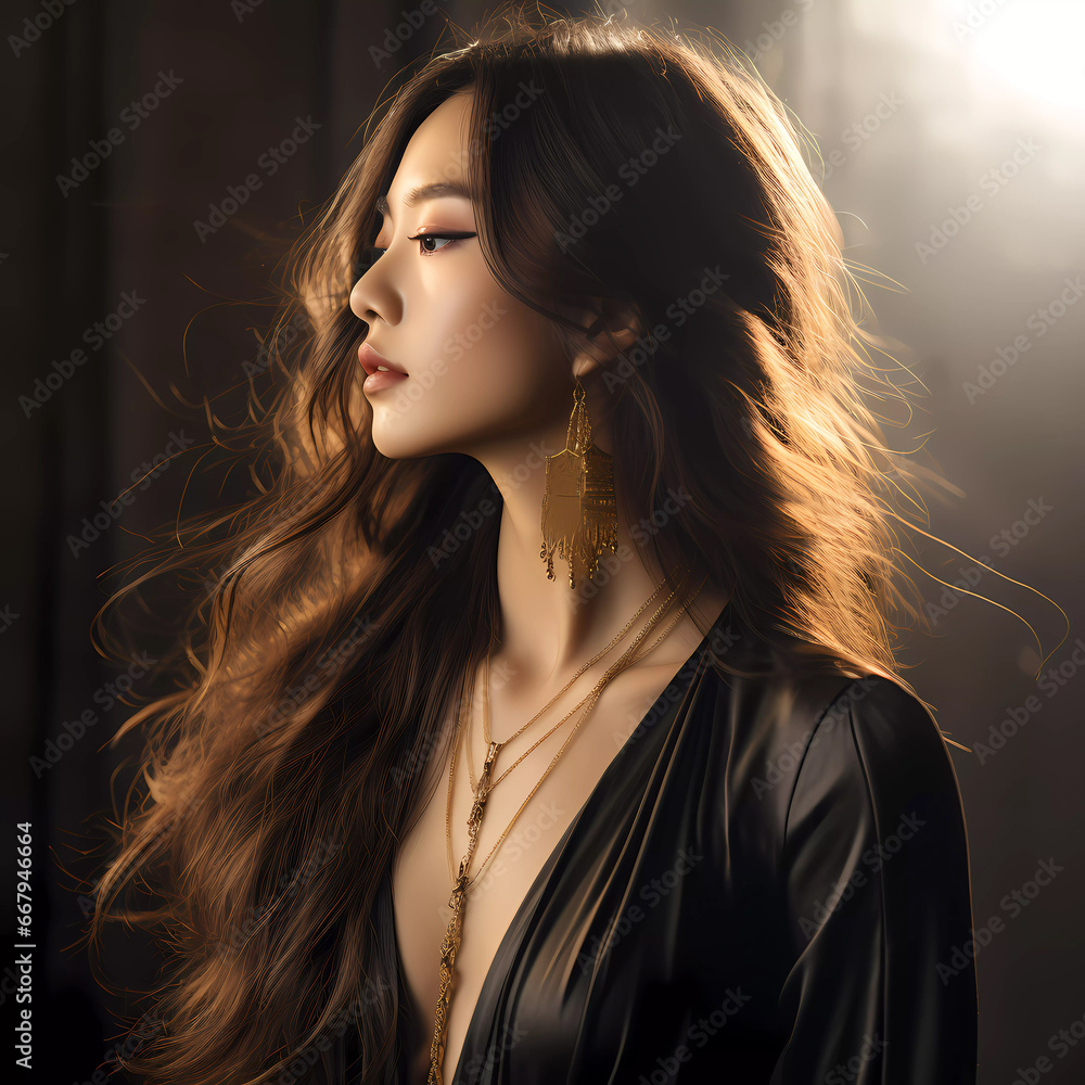 photograph of beautiful female korean model with long hair and some ...