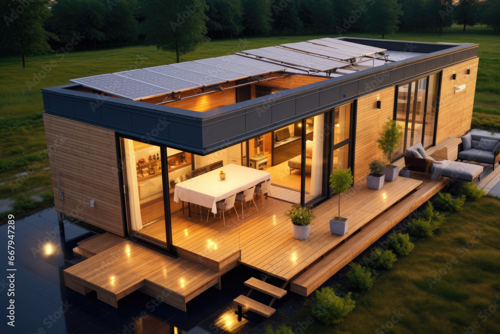 Aerial view of a Modular wooden house on wheels with flat roof with ...