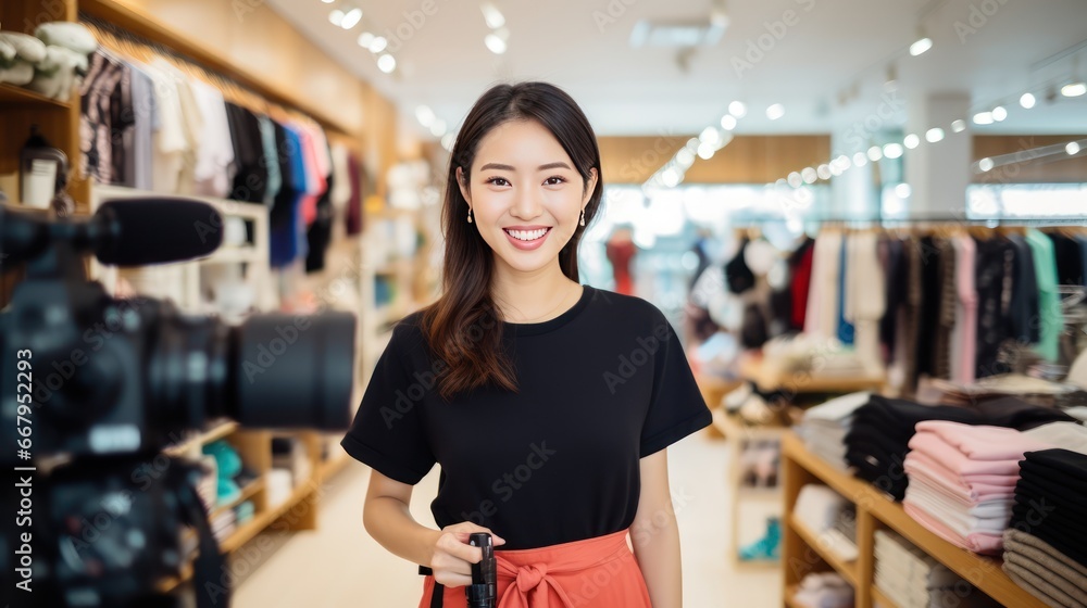 Portrait of A female Asian clothing store owner is pictured holding ...