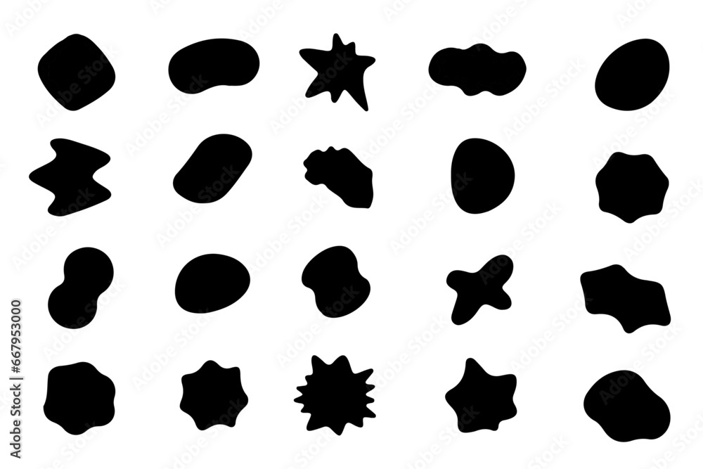 Blob shape organic set. Random black cube drops shapes. Pebble, inkblot, drops and stone ...