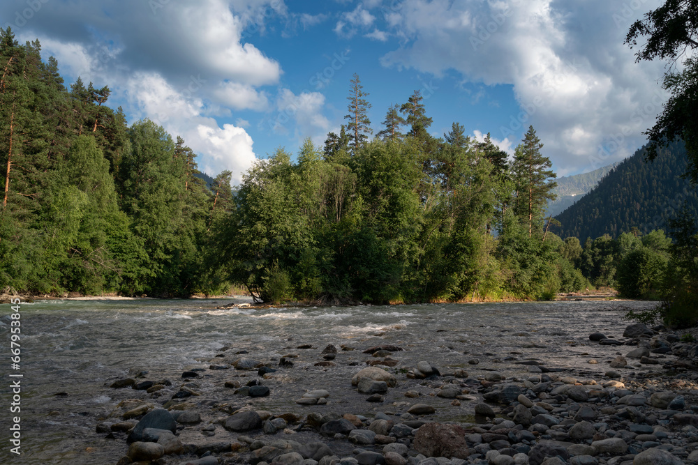 View of the confluence of the Kyzgych and Psysh rivers forming the ...