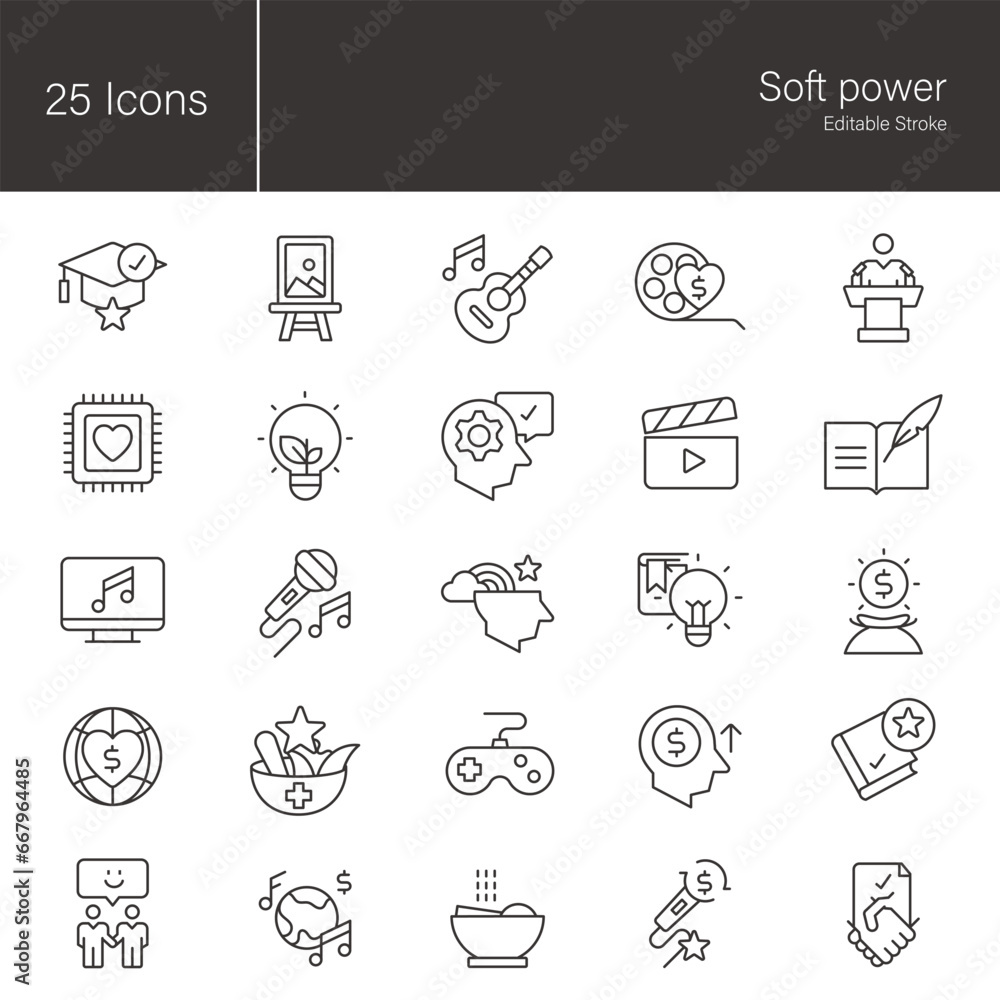 Soft power icon set. 25 editable stroke vector graphic elements, stock ...