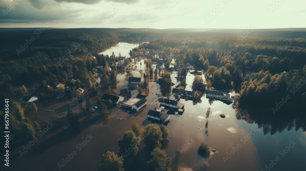 Drone view of great flood in the forest, flooding after heavy storm ...