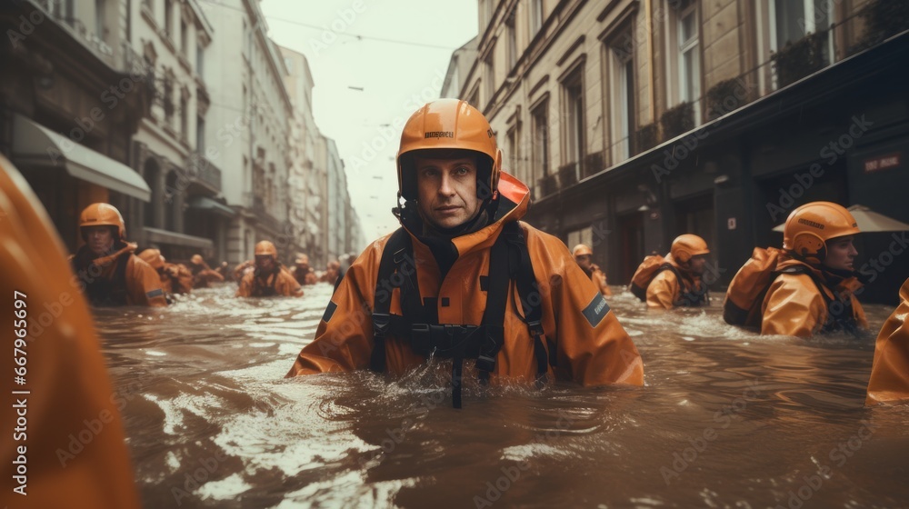 Volunteer rescuer helping people in flood victims, natural disaster ...