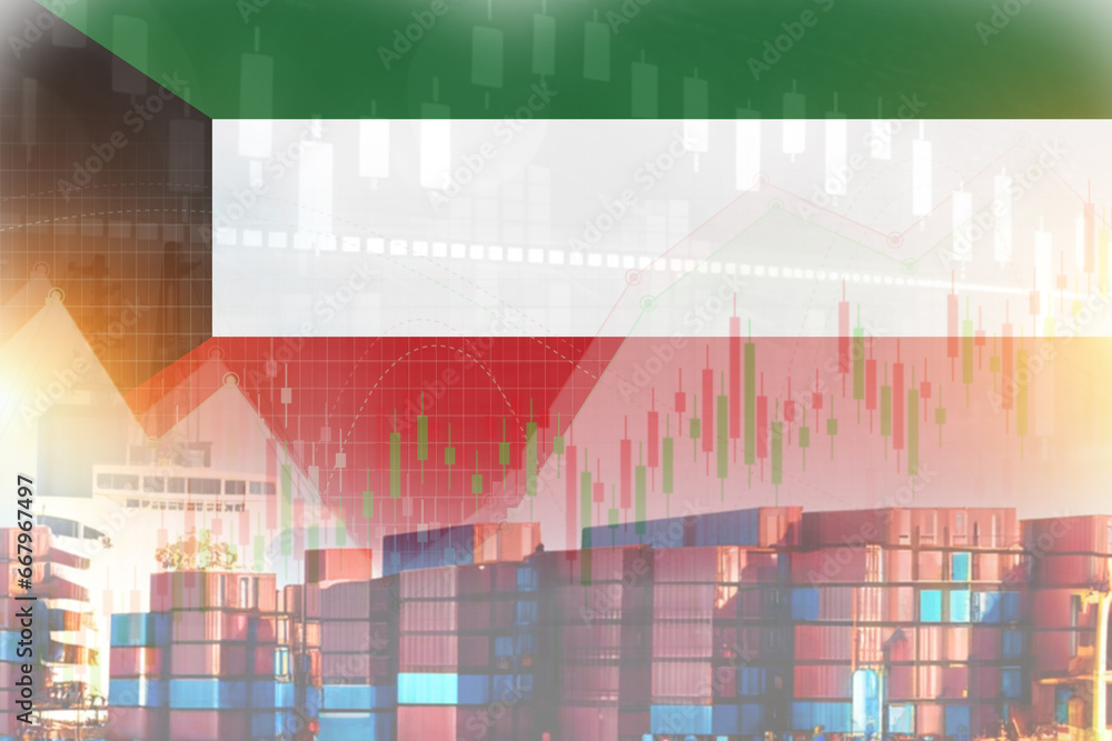Kuwait flag with containers in ship. trade graph concept illustrate ...