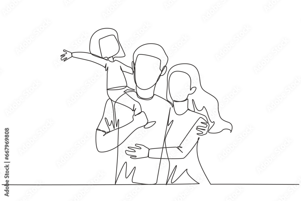 Continuous one line drawing of young woman hug her handsome husband who ...