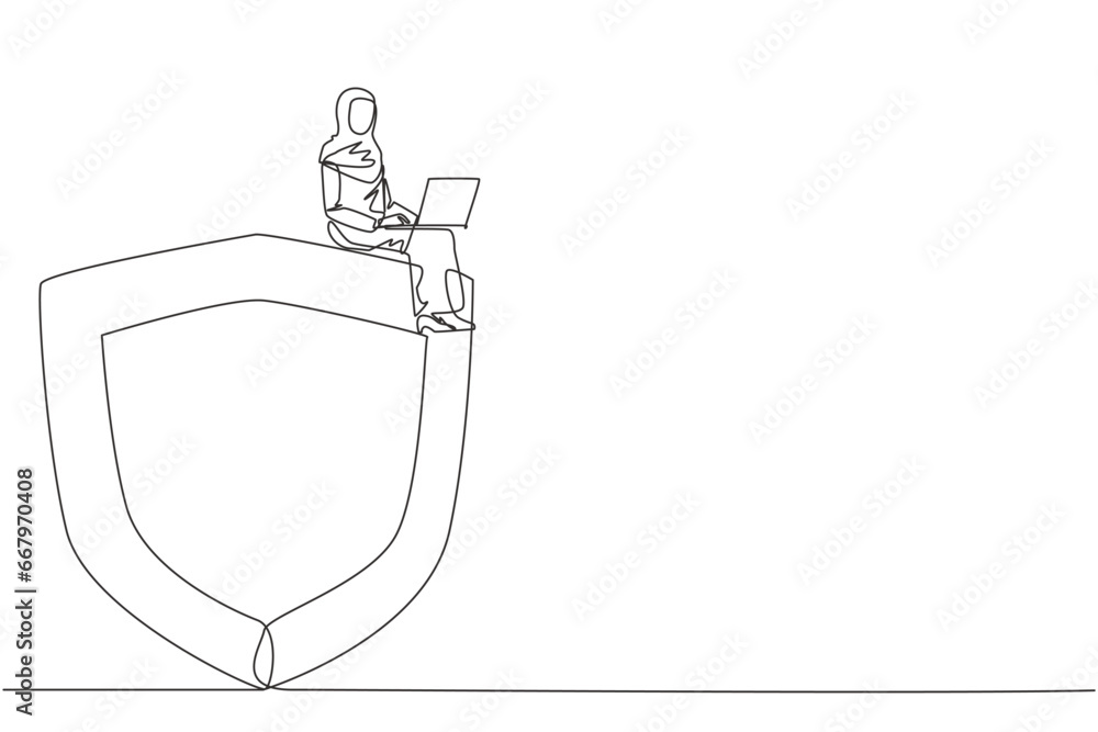 One single line drawing Arabian businesswoman sitting on giant shield ...