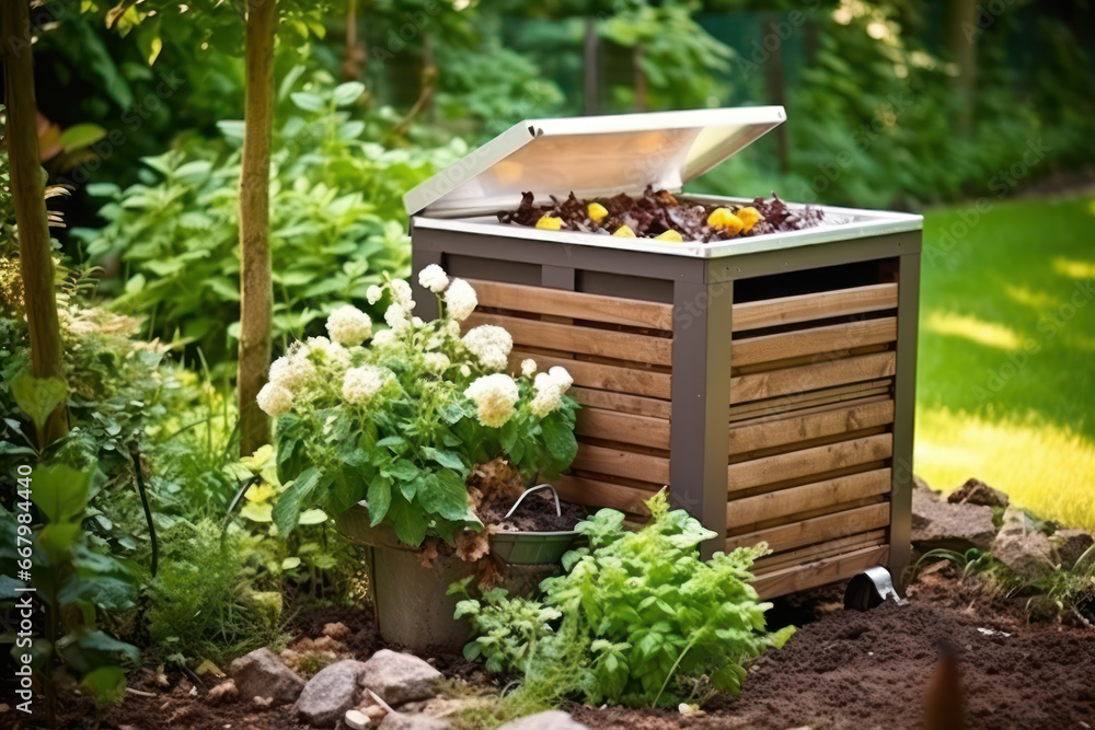 Wooden outdoor composting bin compost bin placed in garden, surrounding ...