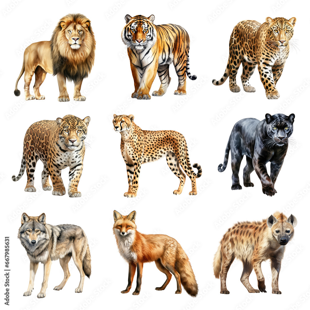 watercolor predator animal elements set. set of clipart predator ...