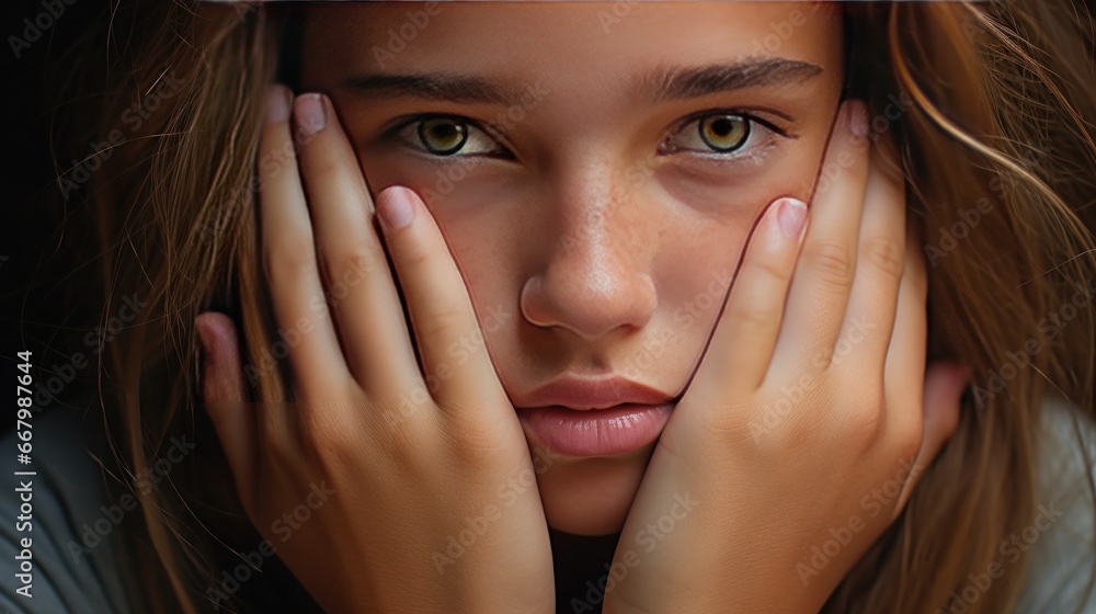 Close up of young girl using hands to cover face with acne, teenage ...