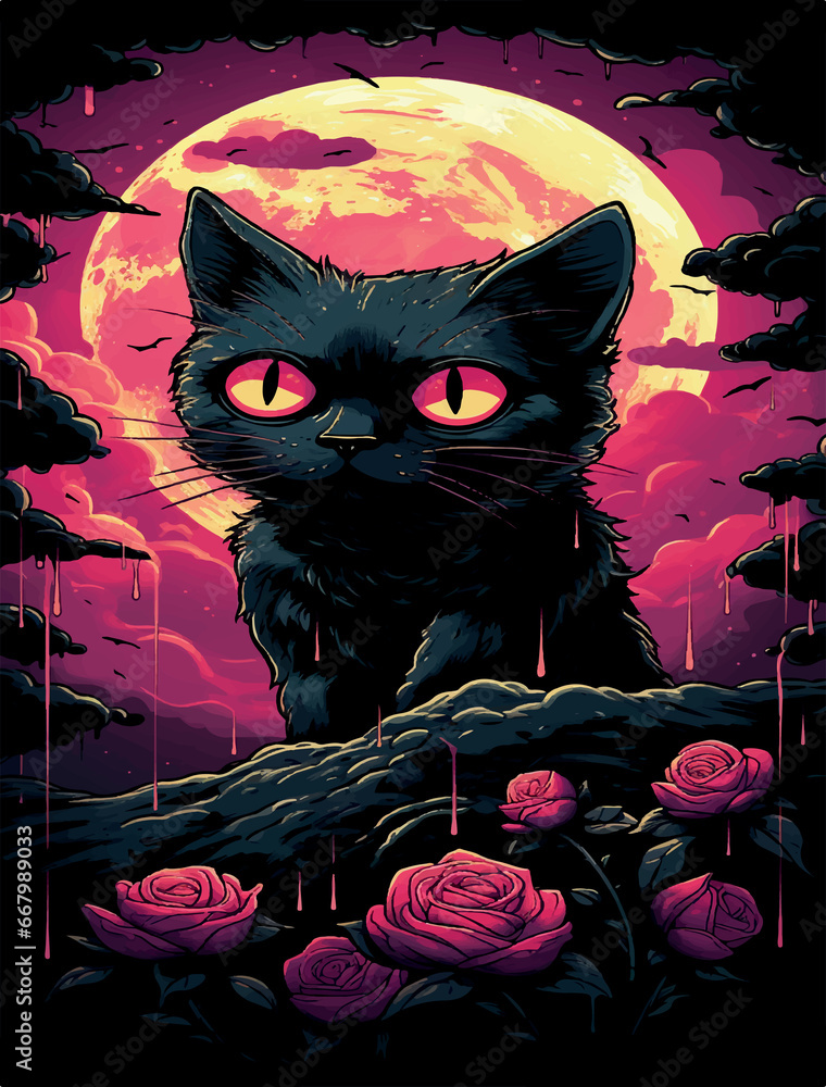 Cute horror black cat with red eyes in the style of horror comics book ...
