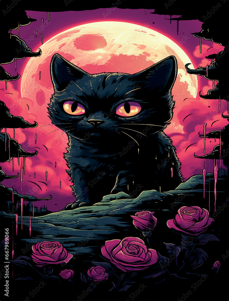 Cute horror black cat with red eyes in the style of horror comics book ...