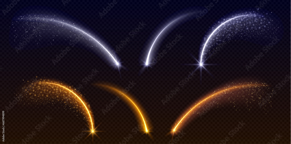 Yellow and white shooting star trails on transparent background. Vector ...