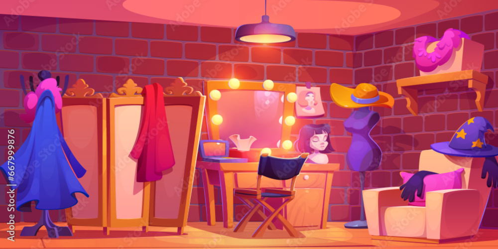 Backstage theater room interior with table and mirror for makeup ...