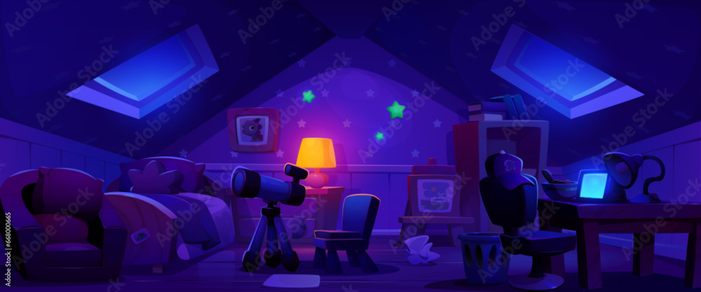 Night attic kid bedroom interior cartoon vector background. Child room ...