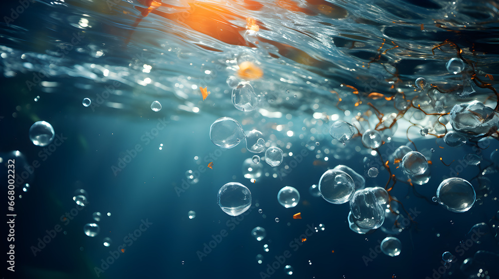 Illuminated underwater scene capturing oxygen bubbles gracefully rising ...