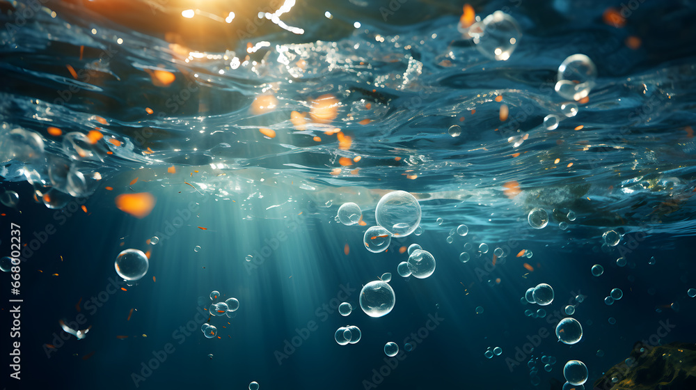 Illuminated underwater scene capturing oxygen bubbles gracefully rising ...