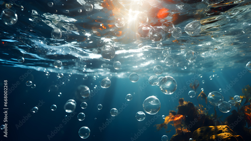 Illuminated underwater scene capturing oxygen bubbles gracefully rising ...