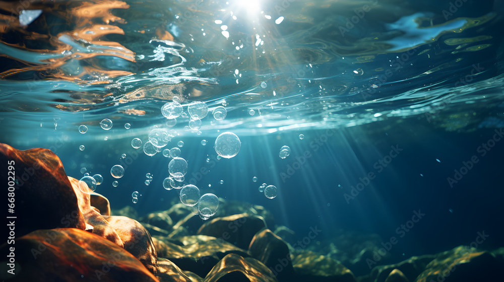 Illuminated underwater scene capturing oxygen bubbles gracefully rising ...