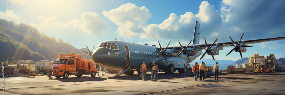 Transport plane at the airport. Workers load goods and cargo onto the ...