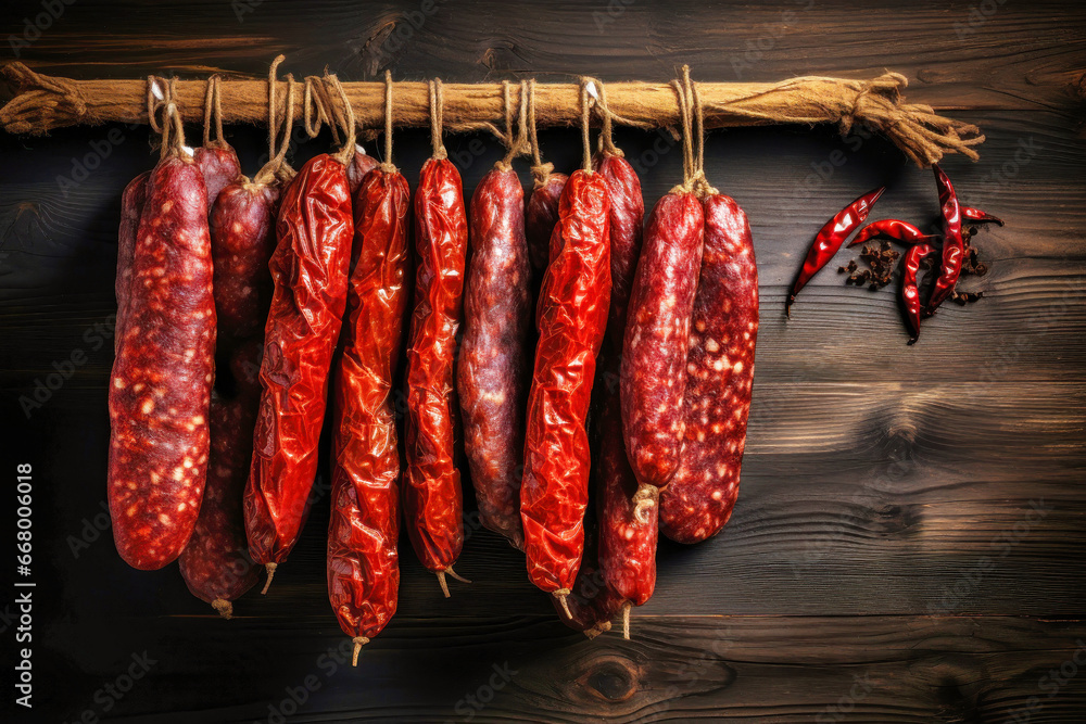 Various types of sausages hanging from a rack. Dried sausage of various ...