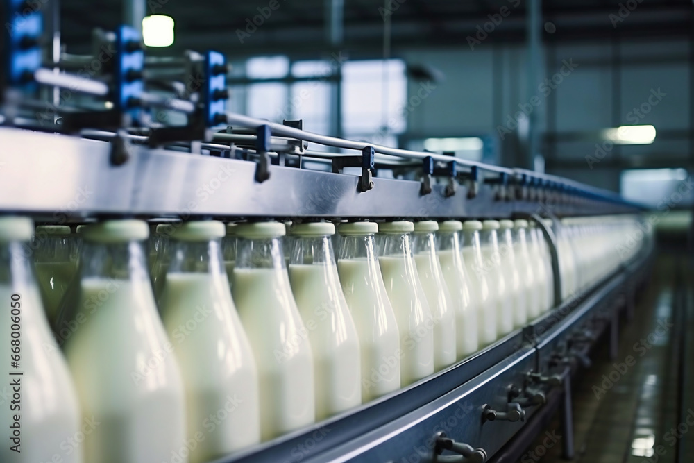 Conveyor for bottling milk into bottles at a modern dairy plant. Line ...