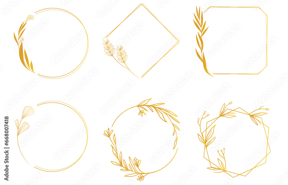 Gold Floral frame set, Hand drawn line frames Stock Vector | Adobe Stock