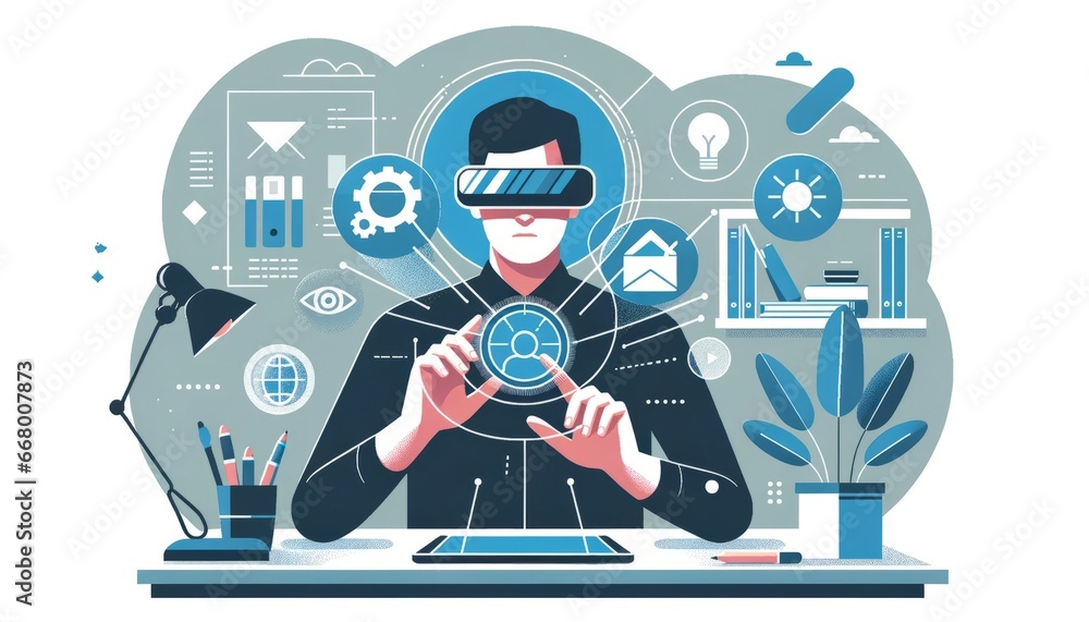 Flat minimalistic illustration of a person, wearing an AR glasses and ...