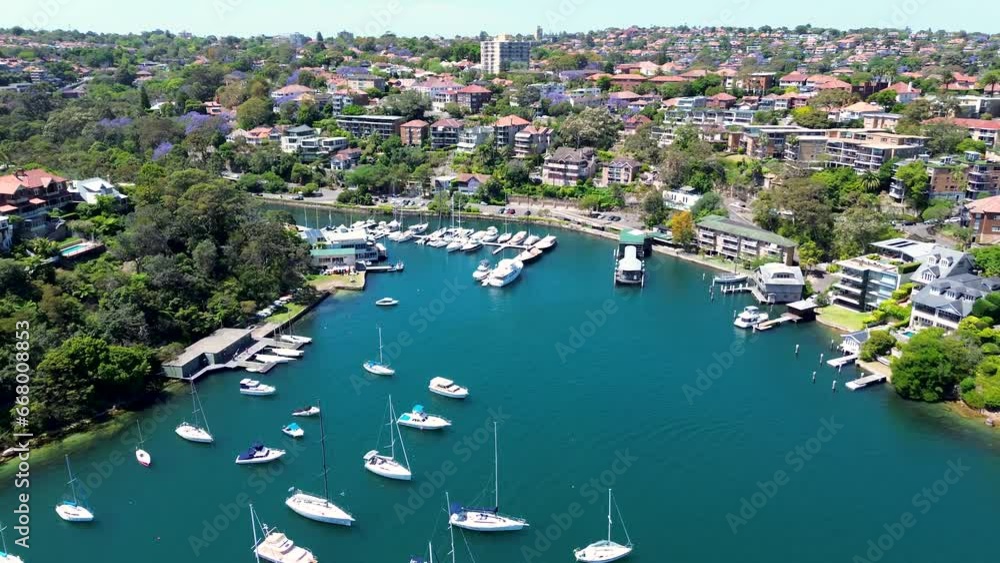 Drone aerial landscape view of boats yachts harbour ferry service ...