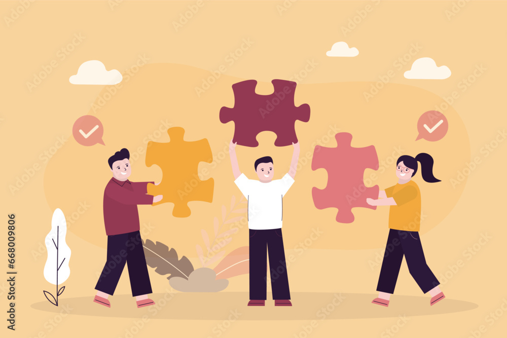 Various kids hold puzzle pieces as together solve problem together and ...